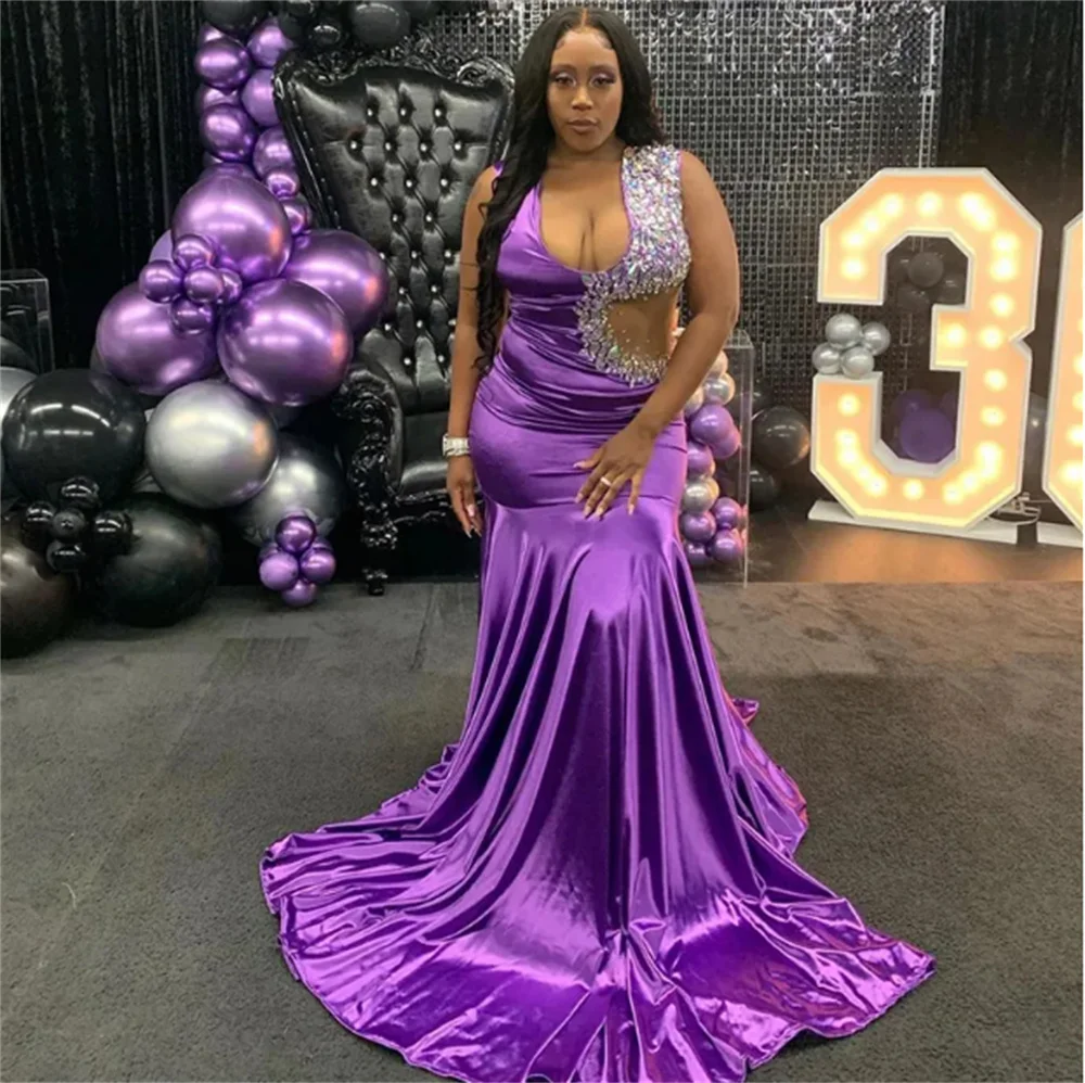 Dreamy Purple Mermaid Long Evening Dresses Crystal Shoulder Prom Gown ...