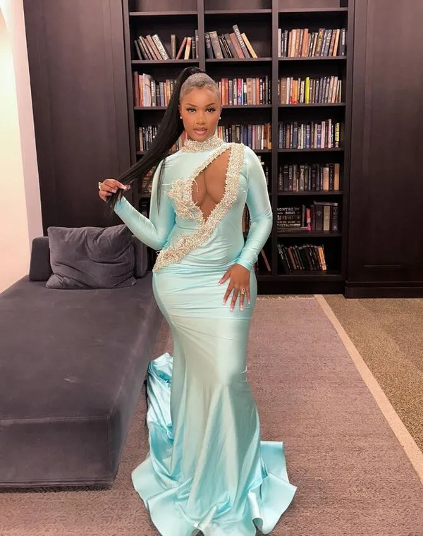 Ice Blue Mermaid Prom Birthday Dresses for Black Girl Long Sleeve Spar ...