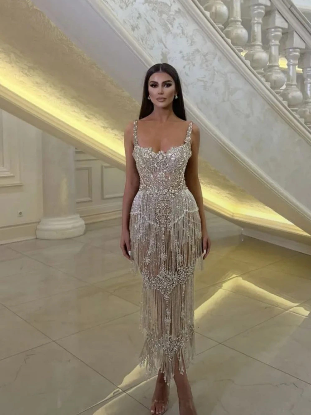 Elegant Straight Evening Dress Party Beaded Crystals Tassel Bride Robe ...