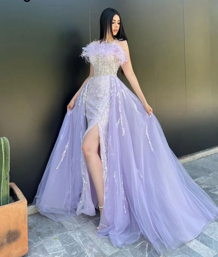 Lilac Purple Sparkly Evening Dress High Split Beading Crystals Feather ...
