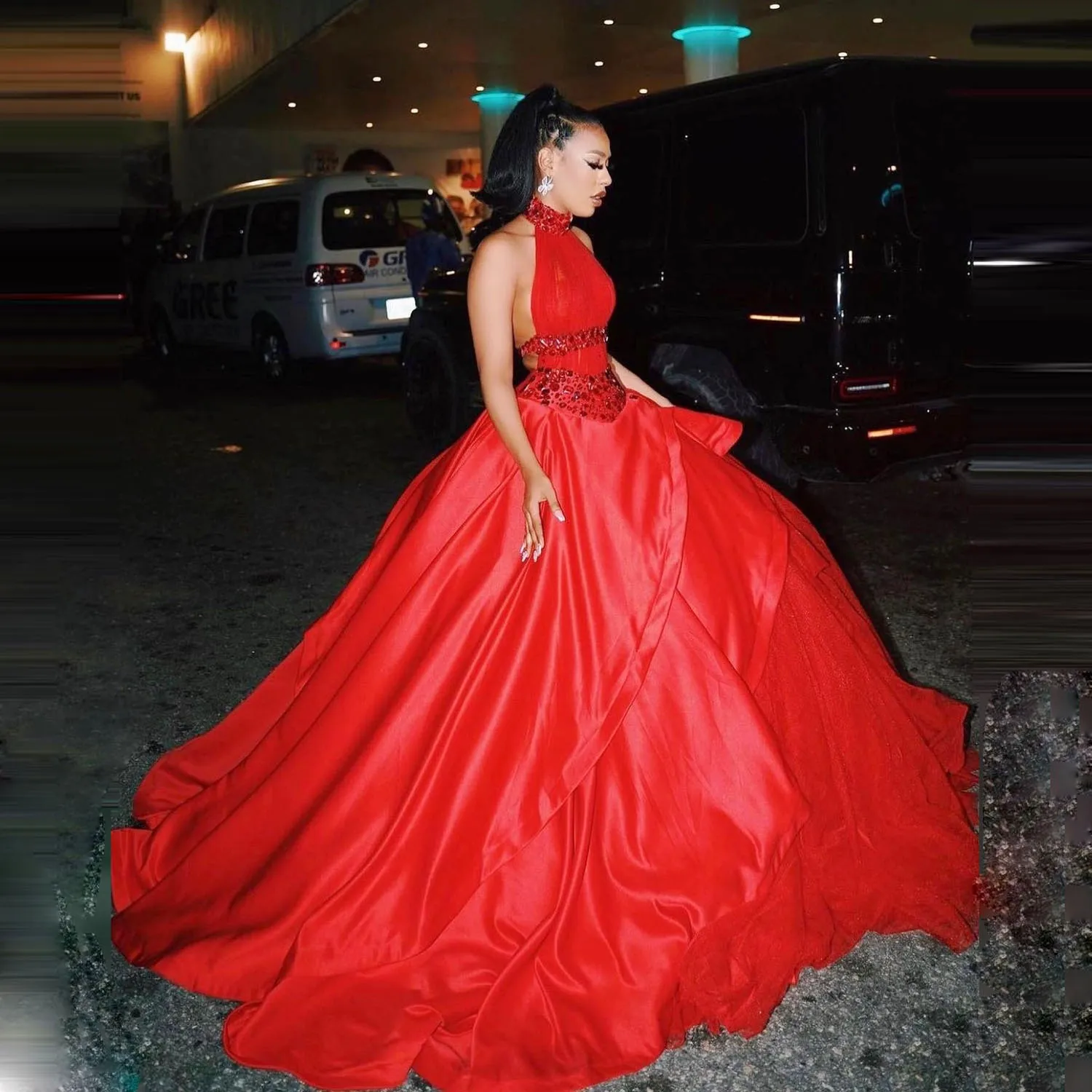 Red Halter Prom Dresses Sexy Backless Beads Crystals Ball Gowm Graduat ...