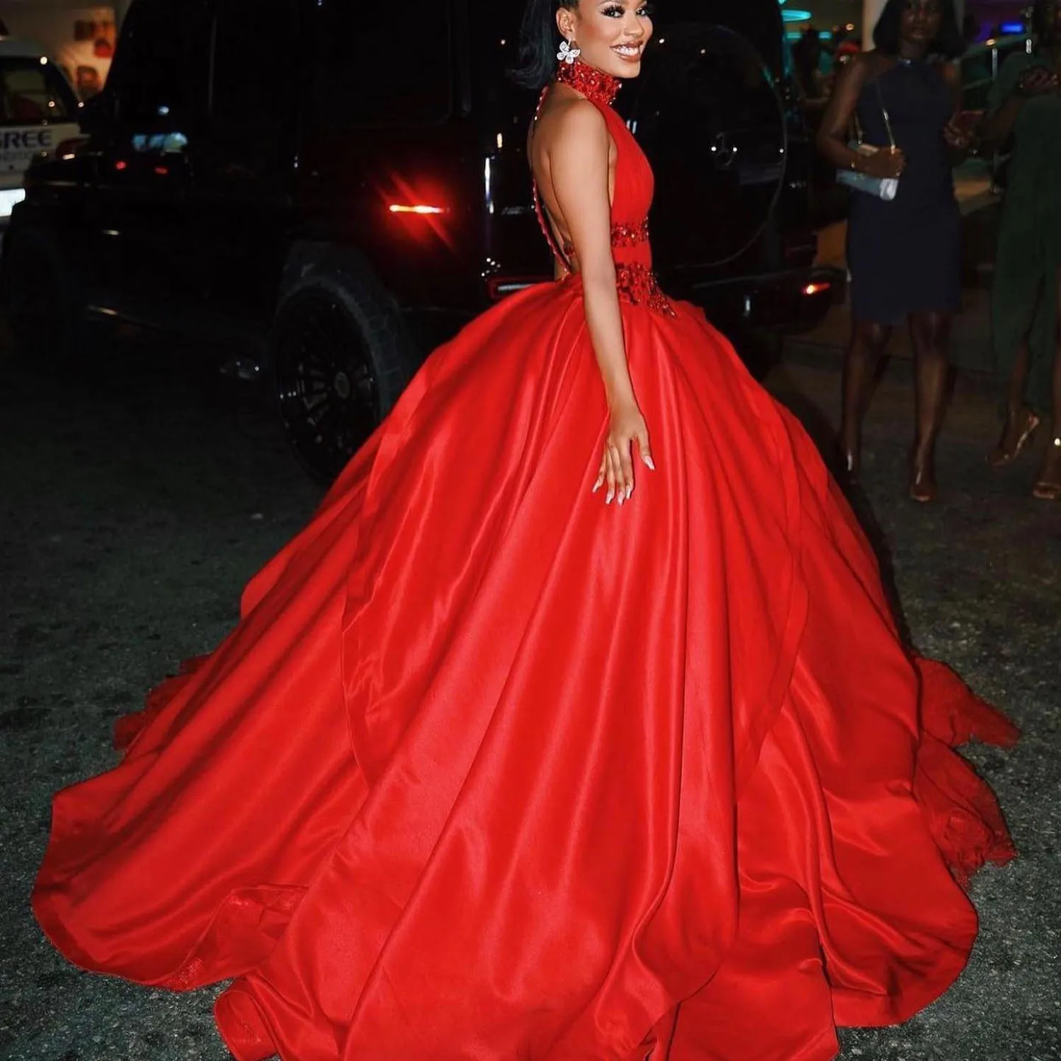 Red Halter Prom Dresses Sexy Backless Beads Crystals Ball Gowm Graduat ...
