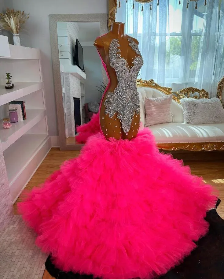 Fuchsia Ruffles Bottom Prom Dresses for Women Sparkly Diamond Crystal ...