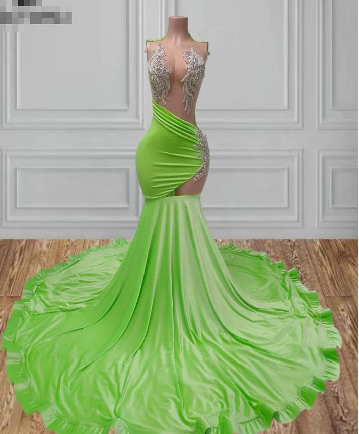 Illusion Fluorescent Green Beaded Applique Mermaid Prom Dresses For Bl ...