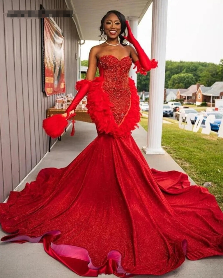 Red Luxury African Shinny Prom Dress For Black Girl With Glove Feather ...
