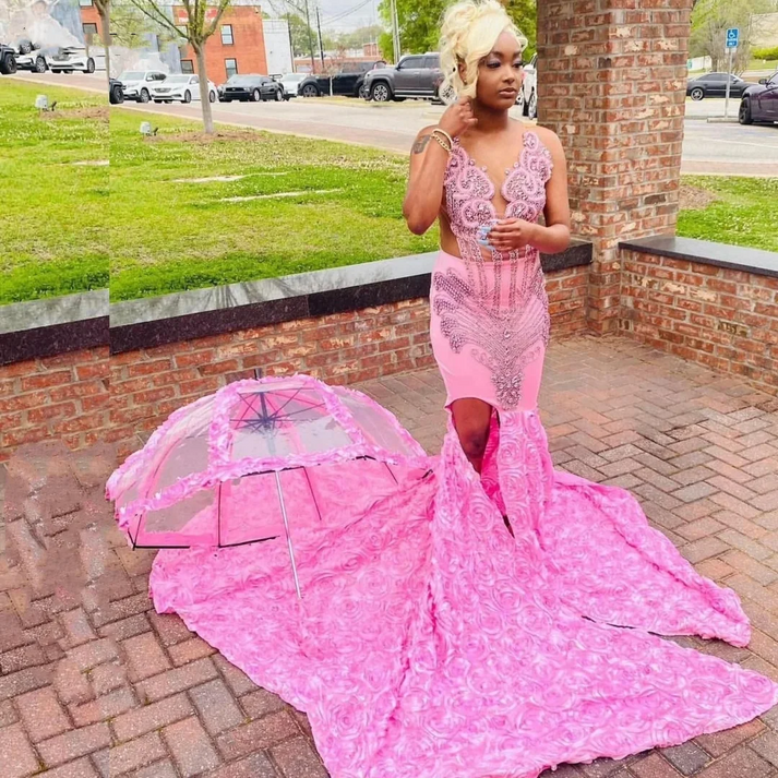 Pink Flowers Mermaid Prom Dress For Black Girls Crystals Rhinestone Be ...