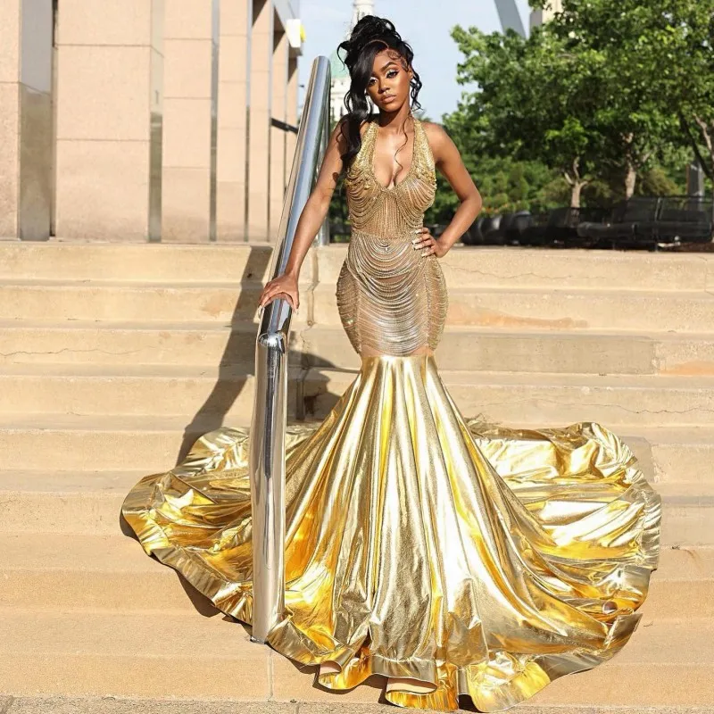 Sparkly Gold Crystal Prom Dresses Backless Rhinestone Tassel Mermaid P ...
