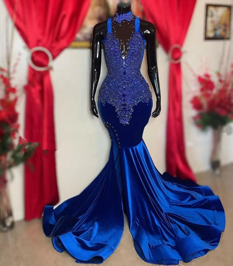 King Blue African Prom Dress for Women Sparkly Crystal Beaded Slit Vel ...