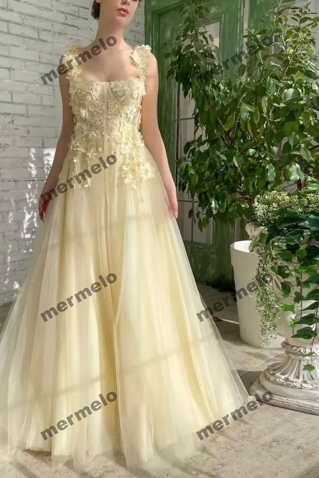 Yellow Lace Applique Tulle Graduation Prom Dress – mermelo
