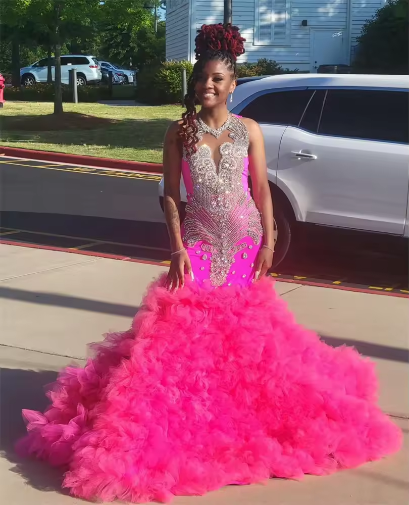 Charming Hot Pink Prom Party Dresses 2025 Ruffles Beading Diamonds Cry ...