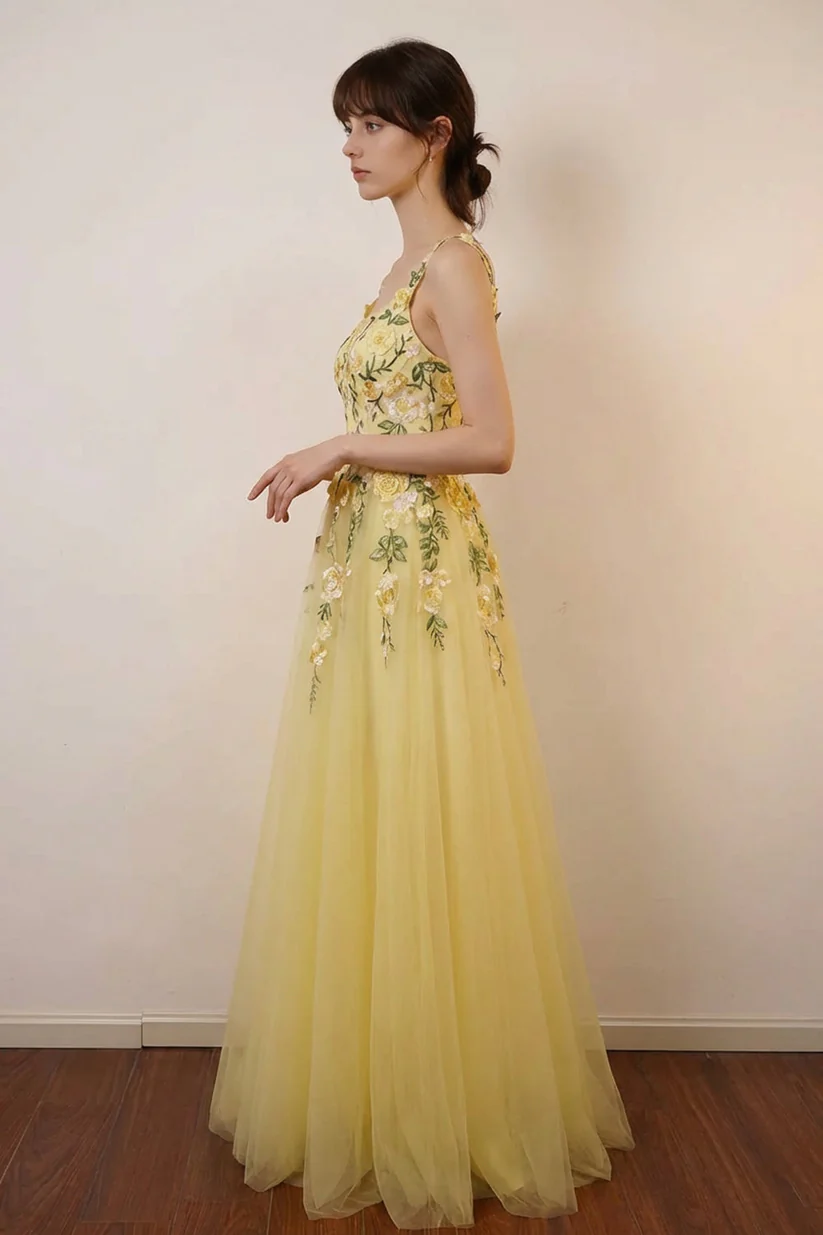 A-Line Flower Embroidery Light Yellow Prom Dress Formal Gown – mermelo