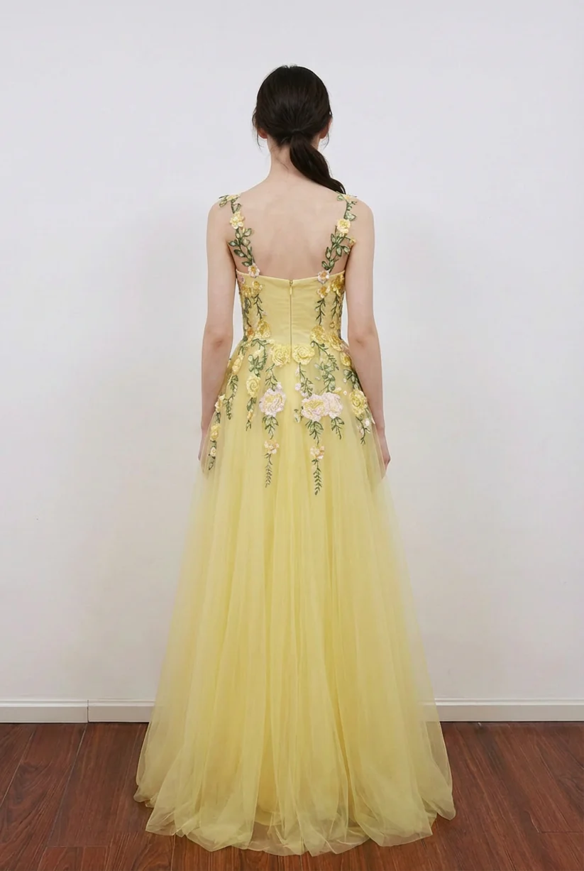 A-Line Flower Embroidery Light Yellow Prom Dress Formal Gown – mermelo