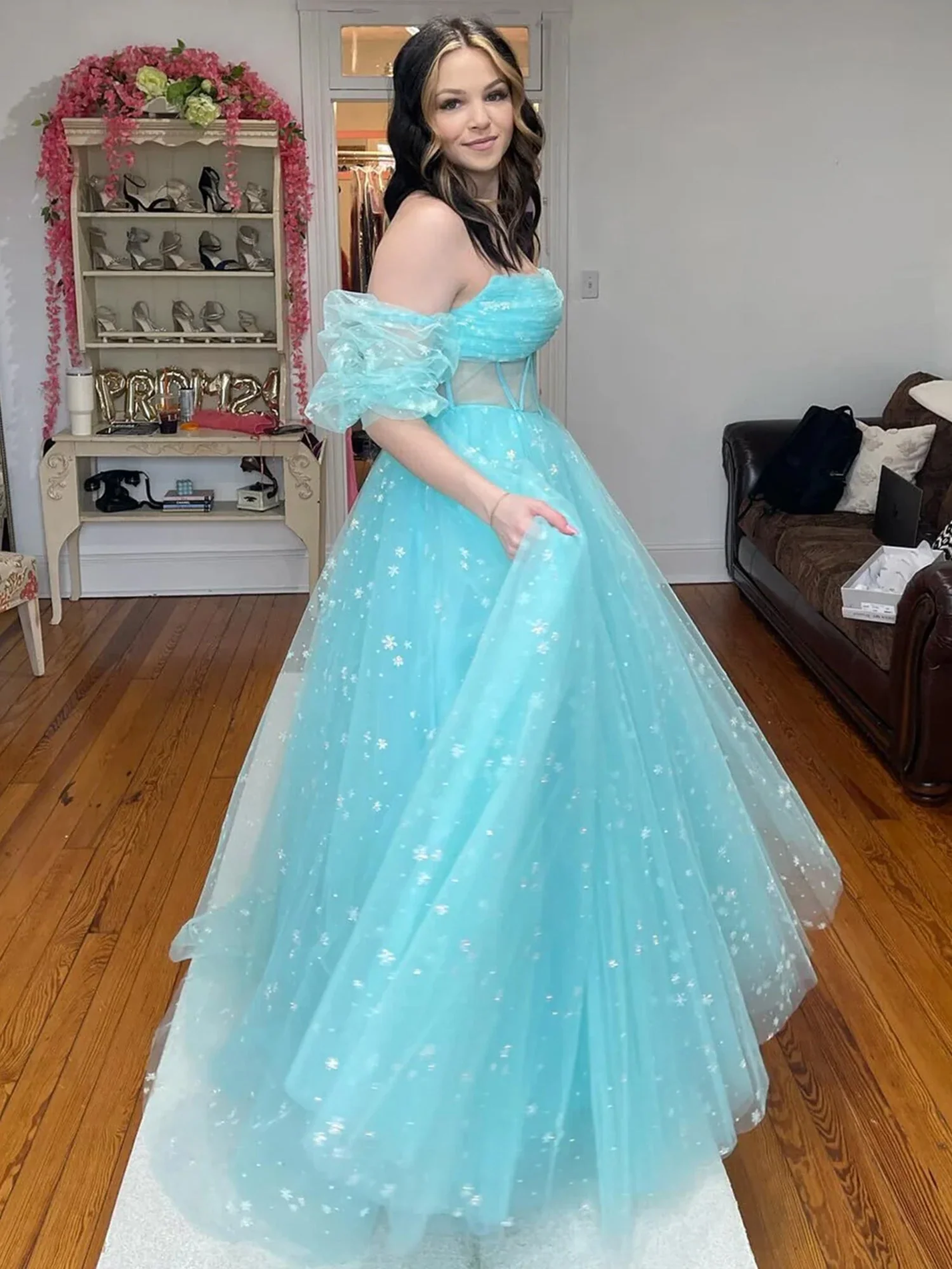 Aqua Blue Strapless A Line Tulle Starry Long Prom Dress – mermelo