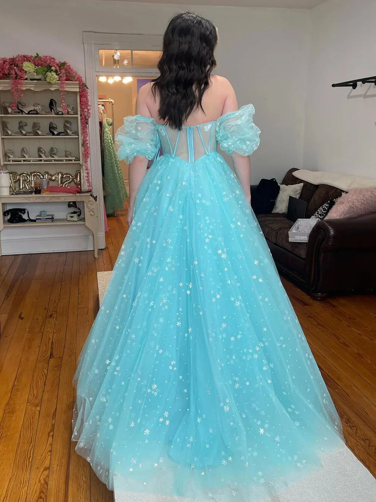 Aqua Blue Strapless A Line Tulle Starry Long Prom Dress – mermelo