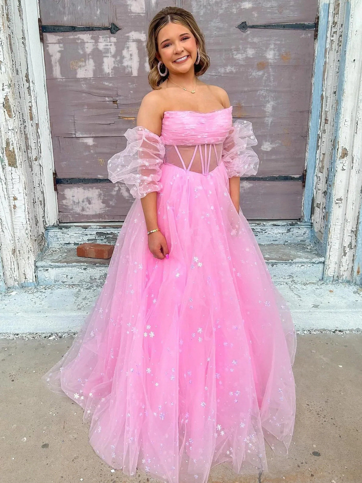 Aqua Blue Strapless A Line Tulle Starry Long Prom Dress – mermelo