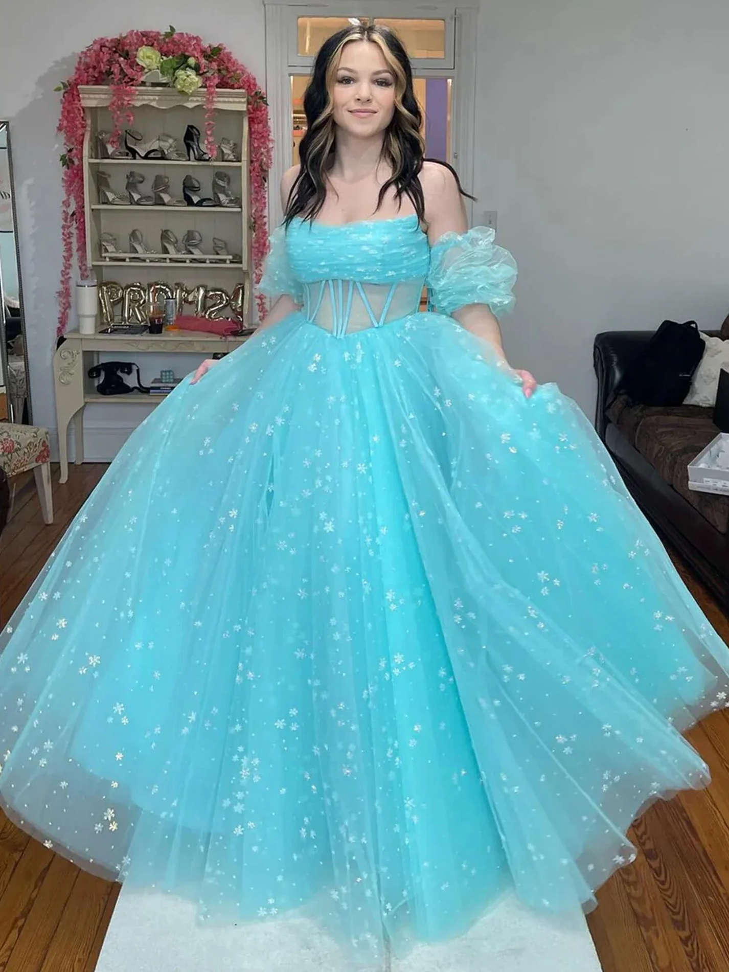 Aqua Blue Strapless A Line Tulle Starry Long Prom Dress – mermelo