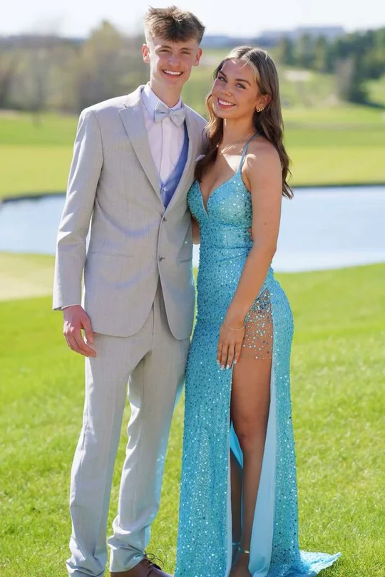 Blue Spaghetti Straps V-Neck Sequined High Slit Long Prom Dress – mermelo