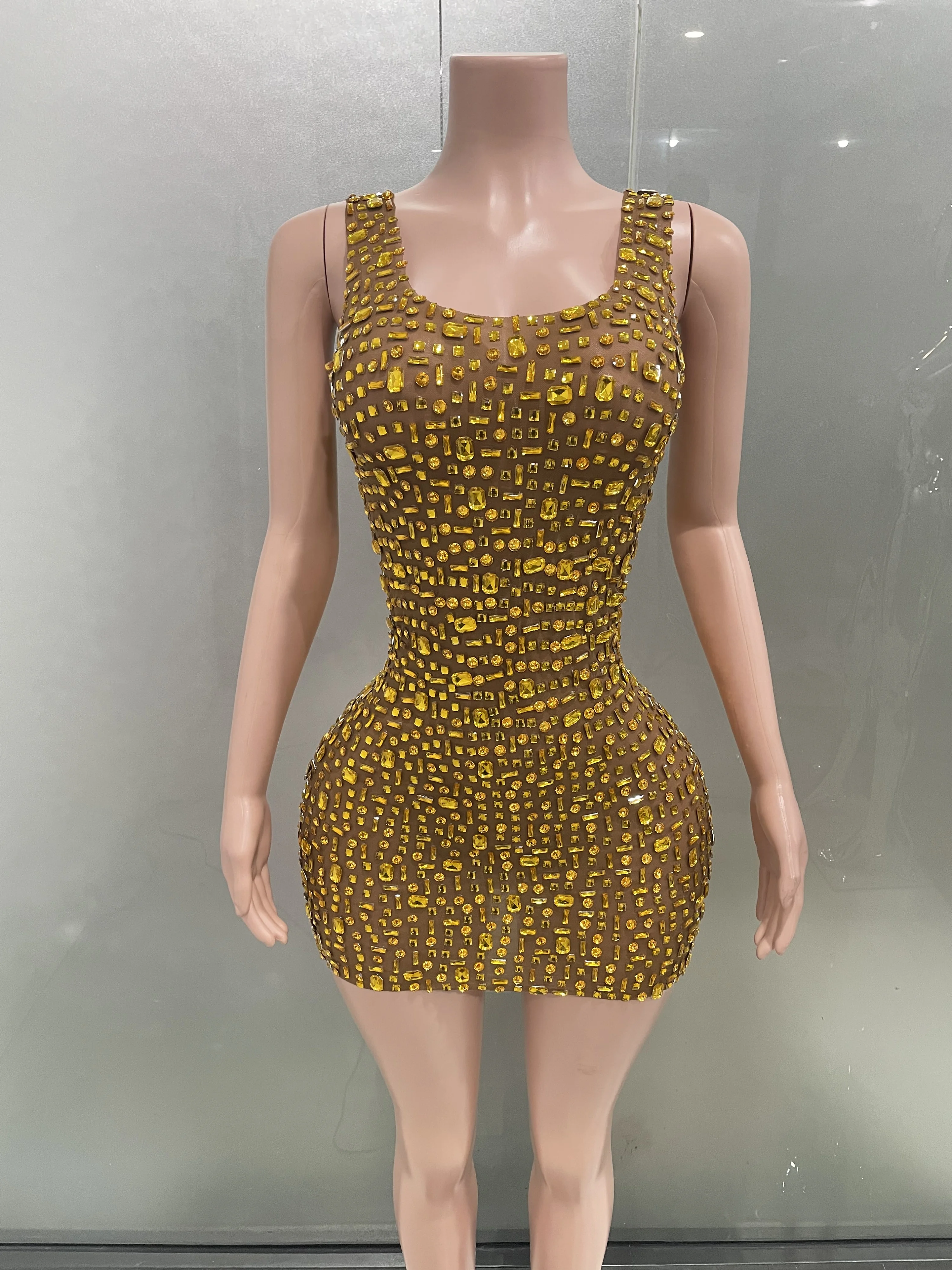 Luxury Sparkly Gold Rhinestones Sexy Mini Dress Women Evening Party Pe ...