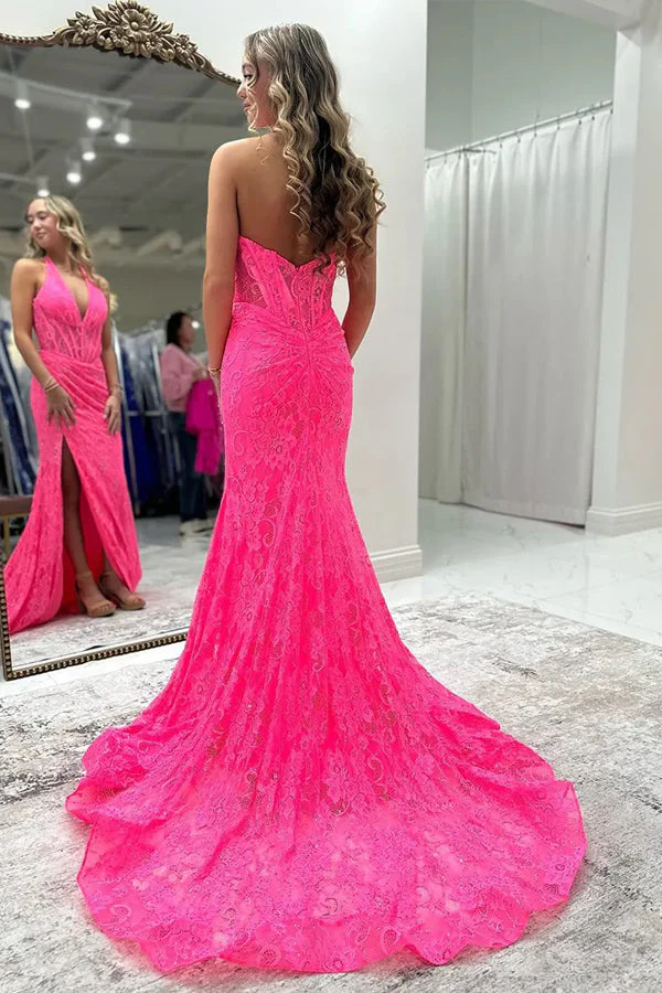 Mermaid Halter Corset Slit Pink Prom Dress with Lace Appliques – mermelo