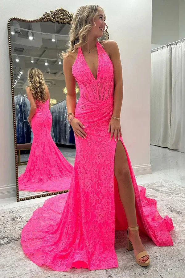 Mermaid Halter Corset Slit Pink Prom Dress with Lace Appliques – mermelo
