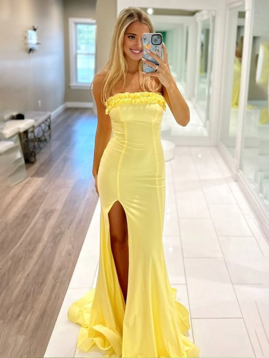 Mermaid Ruffles Strapless Mermaid Long Prom Dresses with Slit – mermelo