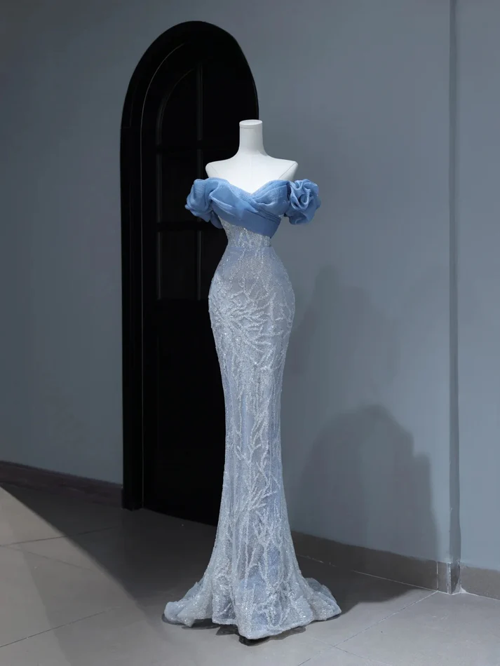 Modest Prom Dresses Aesthetic Mermaid Off The Shoulder Blue Sequins In ...