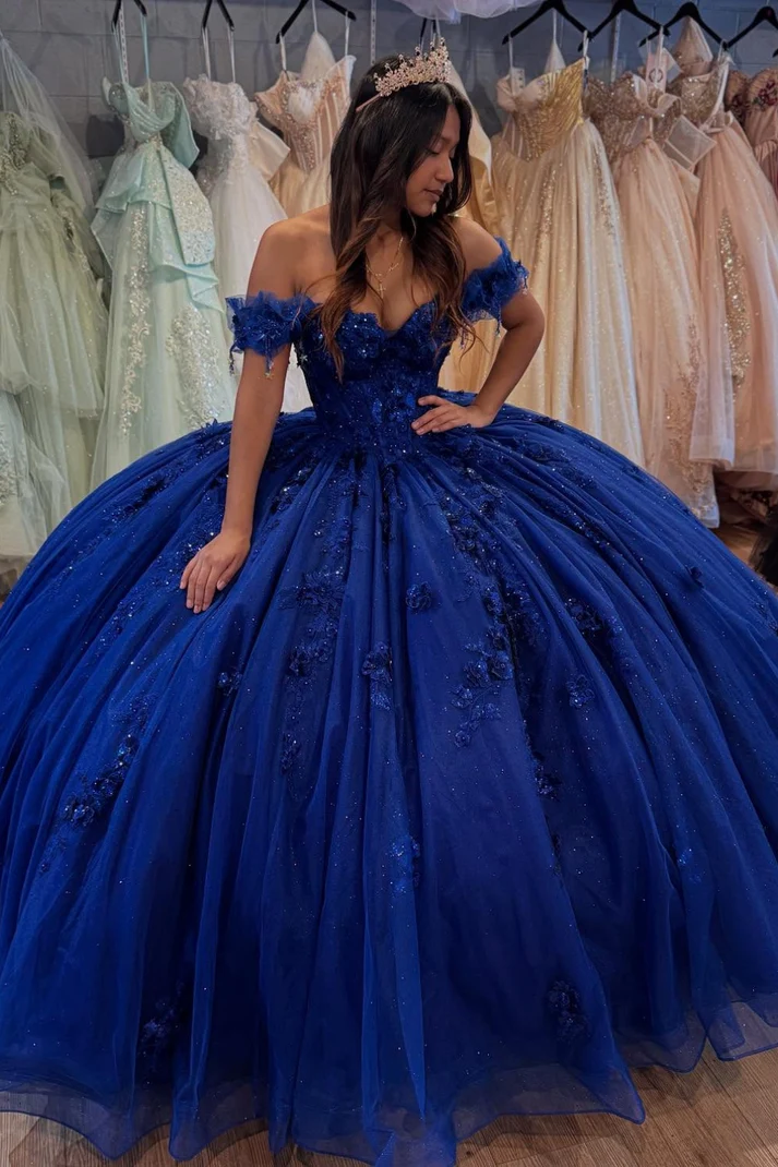Off Shoulder Sleeveless Beaded Appliques Royal Blue Quinceañera Dress ...