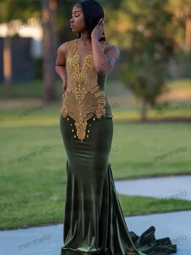 Crystal Diamond Prom Dresses Velvet Mermaid Formal Luxury Evening Gown ...