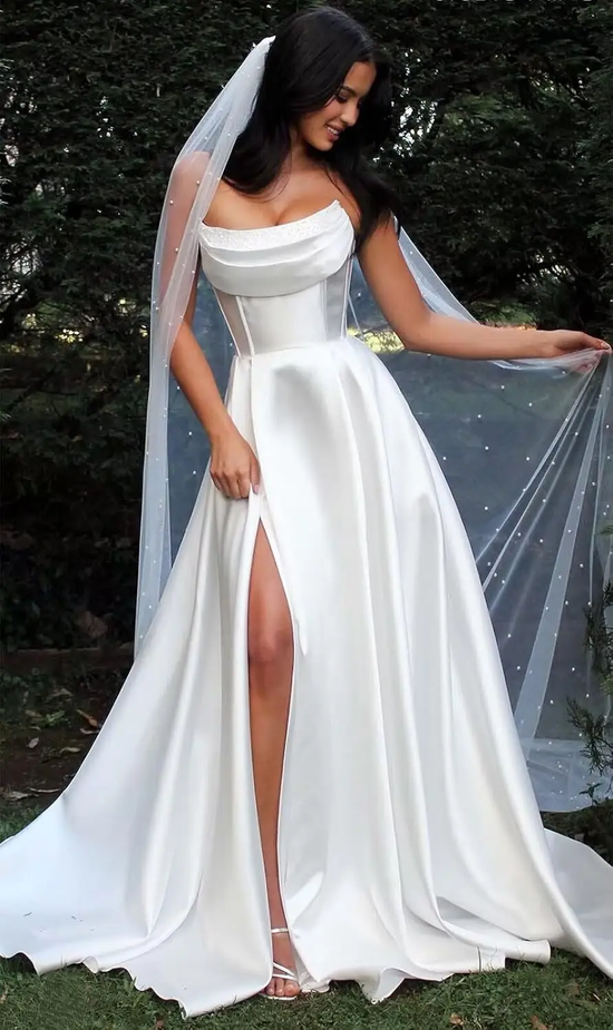 Strapless Corset Prom Dresses for Women with Slit Long Satin Formal Ev ...