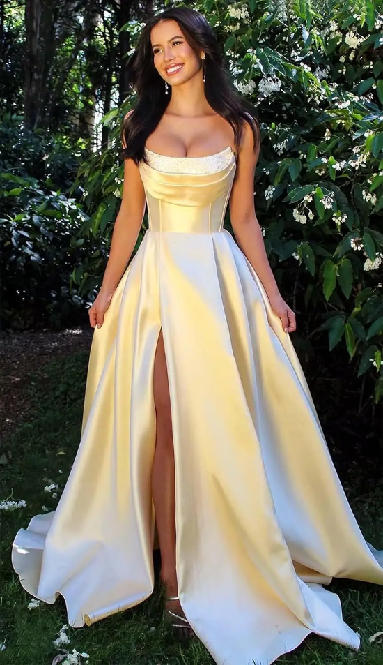Strapless Corset Prom Dresses for Women with Slit Long Satin Formal Ev ...