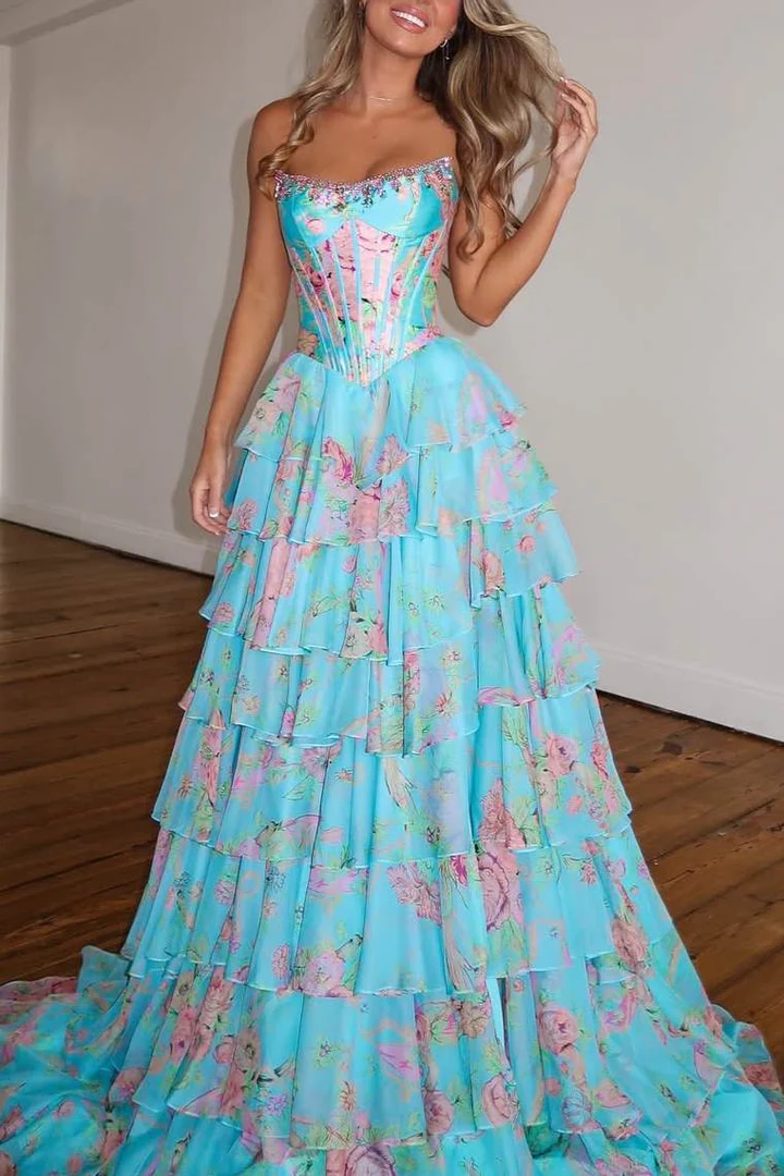 Stunning A-Line Strapless Print Ruffles Sleeveless Long Prom Dress ...