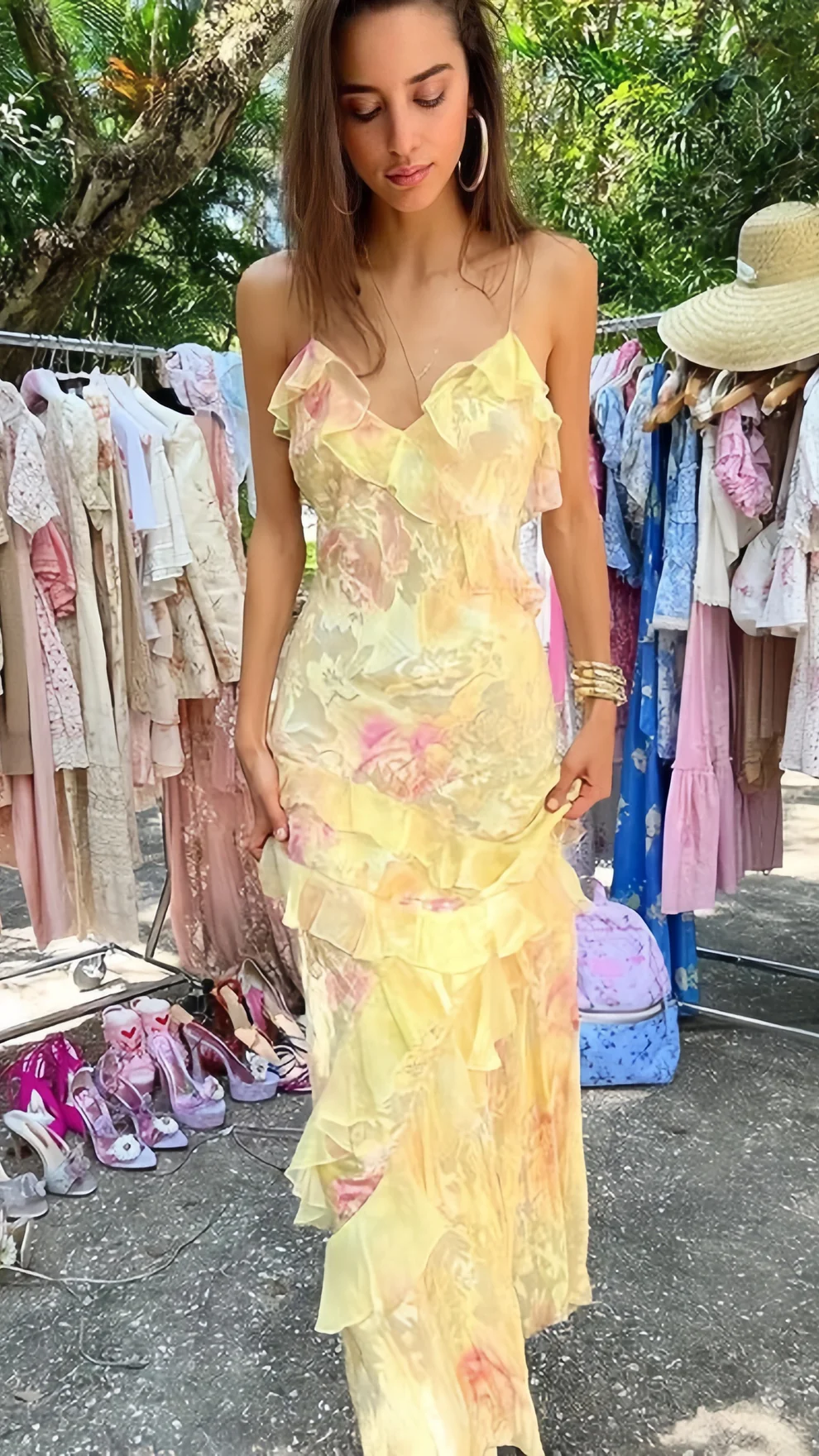 Yellow Floral Slim V-Neck Long Prom Dresses Spaghetti Straps Evening P ...