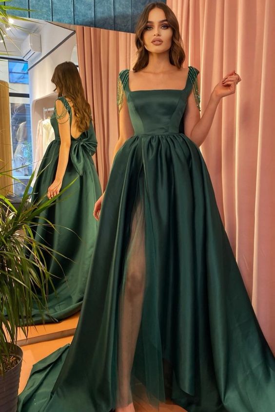 Square neck Long Evening Dress Side Slit Backless Formal Dress with Bo ...